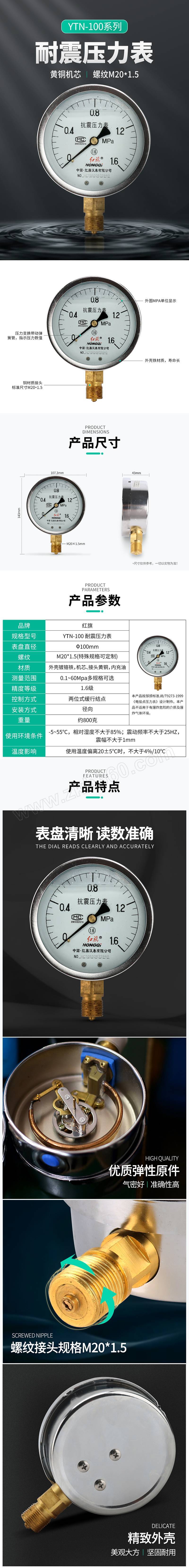 HONGQI/红旗 耐震压力表 YTN-100 0~0.6MPa 不支持第三方检定 1个 销售单位：个